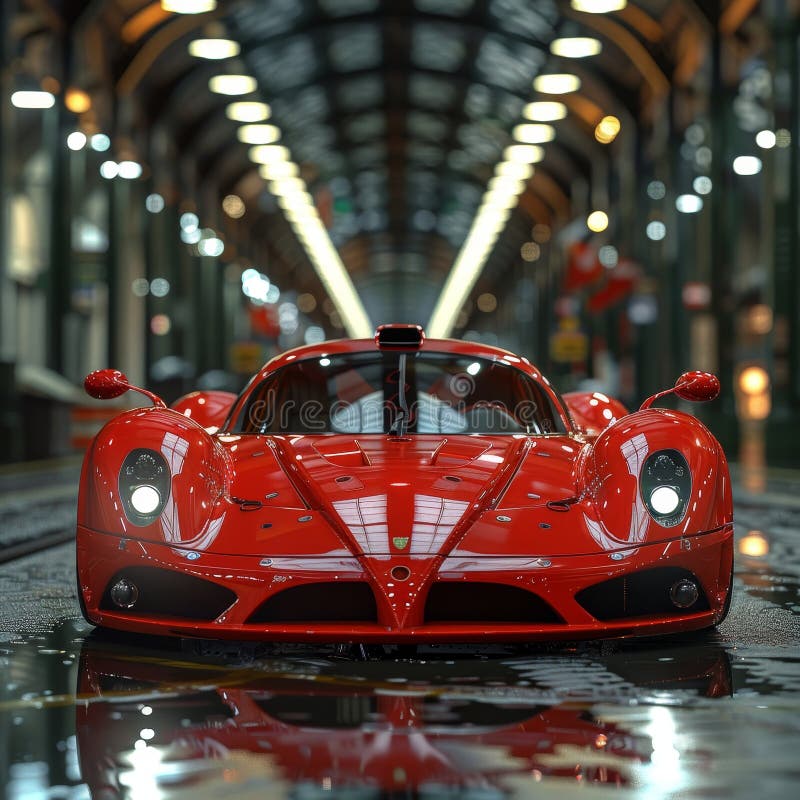A Stunning Red Hypercar Gleaming Under Classic Industrial Lights in an ...