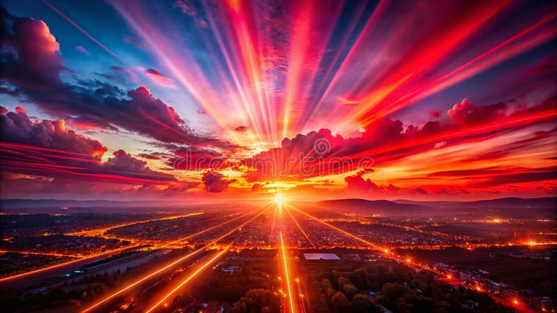Stunning Red Light Rays Burst Across a Panoramic Abstract Stage Design ...