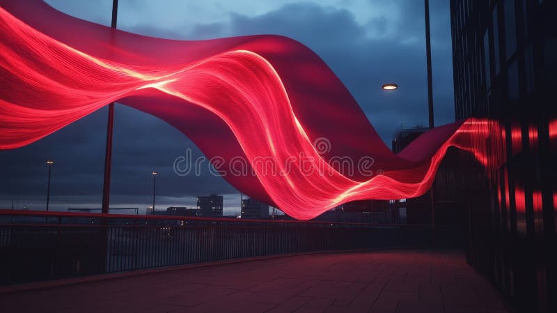 A Stunning Red Light Wave Flows through a Modern Urban Space in the ...