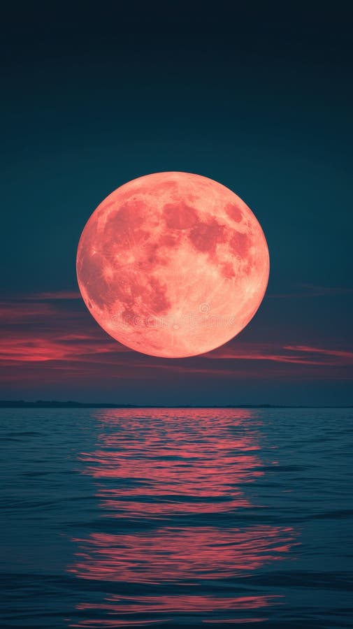 A Stunning Red Moon Reflection on Water at Sunset Stock Illustration ...