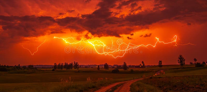A Stunning Red Sky Lightning Storm. Climate Change Concept Stock Image ...