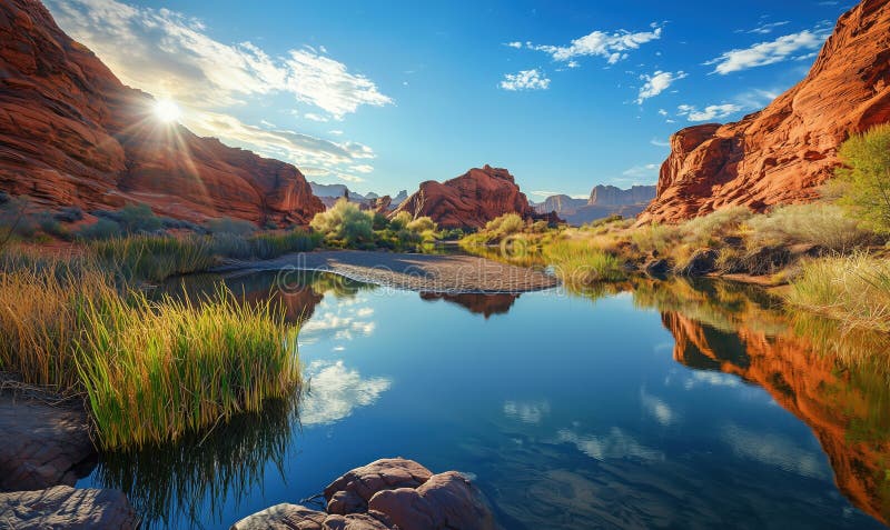 Stunning Reflection Red Rock Formations Serene Water Sunset Desert ...