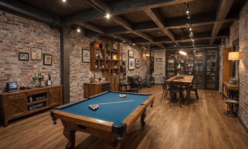 Pool Table in Room with Brick Wall Stock Illustration - Illustration of ...