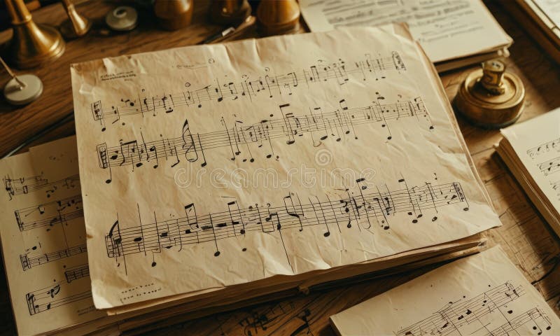 Sheet music notes on table stock illustration. Illustration of ...