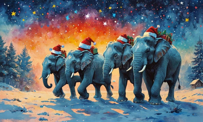 Three Elephants in Santa Hats Walking through the Snow Stock ...