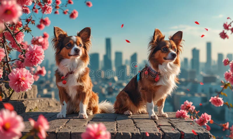 Two Dogs Sitting on Ledge with Pink Flowers Stock Illustration ...