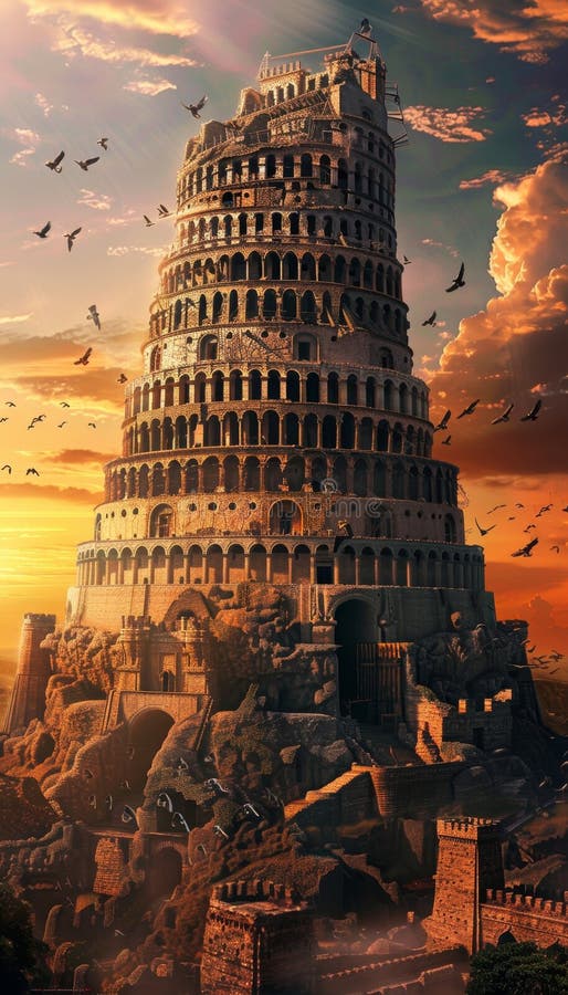 A Stunning Representation of the Tower of Babel Under a Vivid Sunset with Intricate Details ...