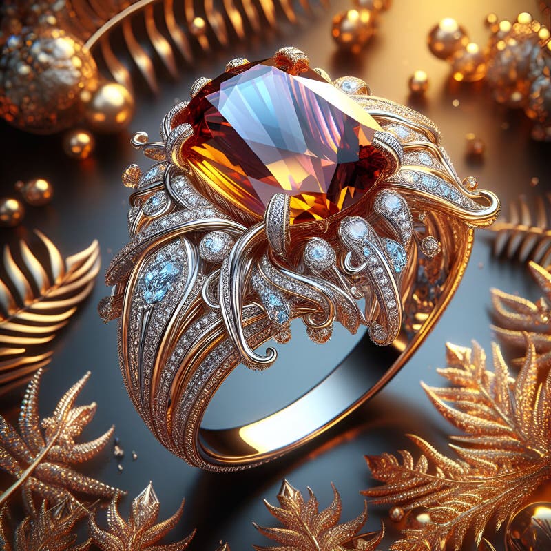 Forest Jewels: Pine Leaf Pattern Ring Adorned with Diamonds. Stock ...