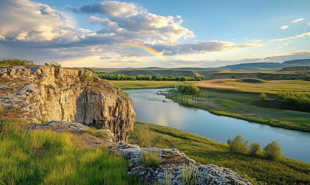 Stunning River Landscape with Rainbow Over Cliffs and Lush Green Fields ...