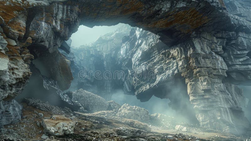 Dramatic Rock Arch Formation with Mist in a Rugged Terrain at Dawn ...