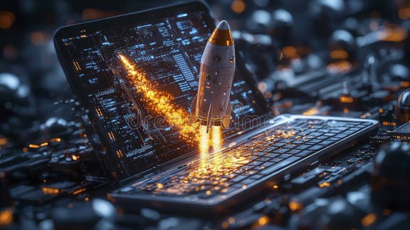 Stunning Rocket Launch from Laptop S Keyboard Surface Stock ...