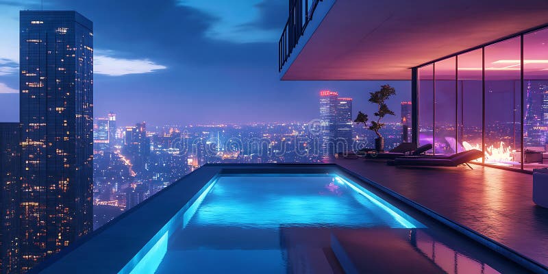 Stunning Rooftop Pool with City Night View Stock Illustration ...