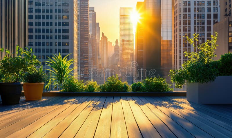 Stunning Rooftop View Overlooking City Skyline at Sunset with Lush ...