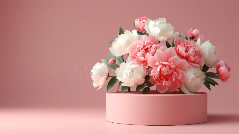 A Stunning Round Podium Platform Stand with Beautiful Peonies for an ...