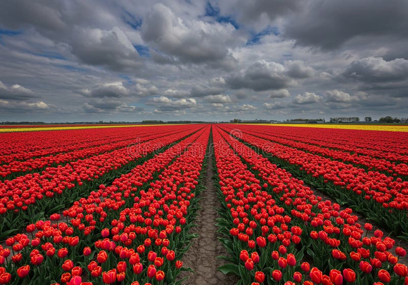 Stunning Rows of Red Tulips Under a Dramatic Sky Stock Illustration ...