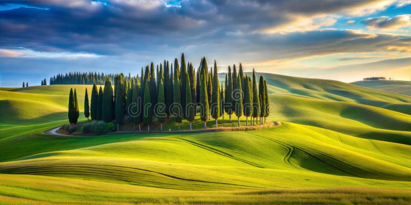 A Stunning Rural Scene Featuring Lush Green Fields, Tall Cypress Trees ...
