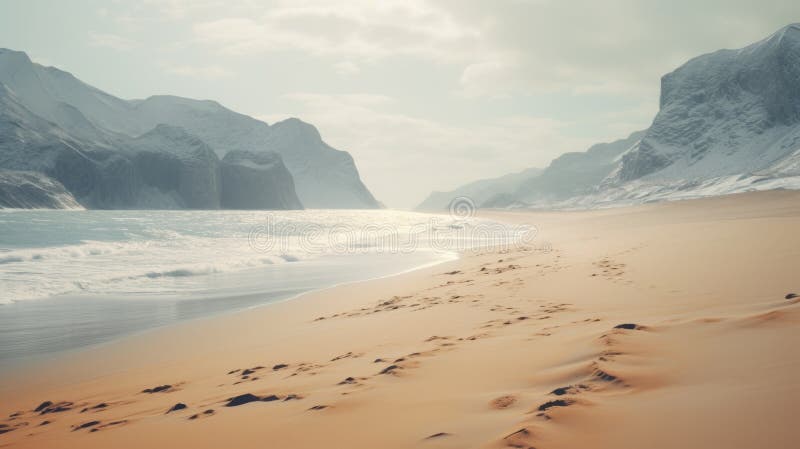 Hyper-realistic Alpine Beach with Footprints and Mountains Stock ...