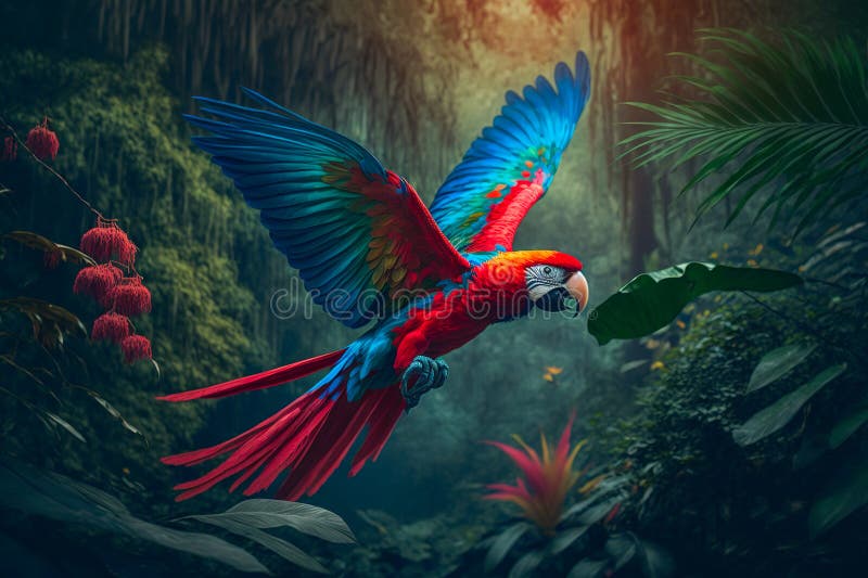 Stunning Scarlet Macaw Flying in Lush Jungle Stock Illustration ...