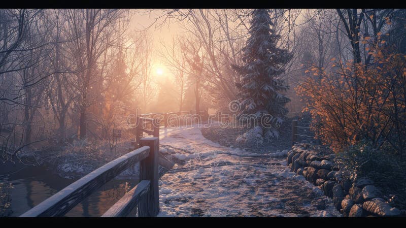 Stunning Scenic Walking Path in Tranquil Forest at Sunrise with a Crisp ...