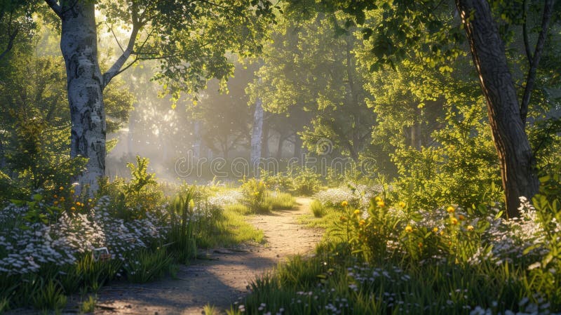 Stunning Scenic Walking Path through a Tranquil Forest at Sunrise with ...