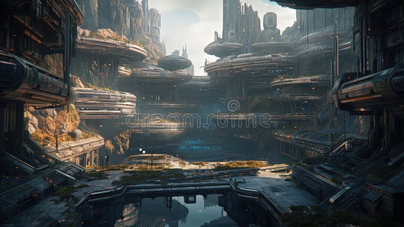 Futuristic Alien Landscape with Layered Structures Stock Image - Image ...