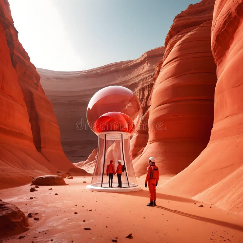 Futuristic Mars Exploration Pod in Red Canyon with Astronauts and Sci ...