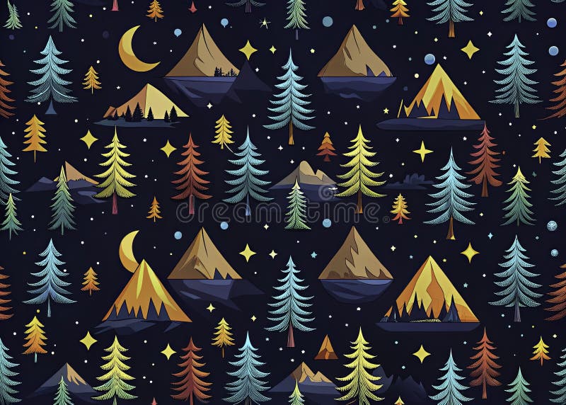 Stunning Seamless Camping Pattern Wilderness Night Sky Mountain ...