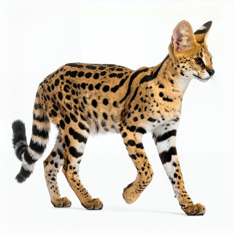 Elegant Serval Cat with Spotted Fur Walking Gracefully on White ...