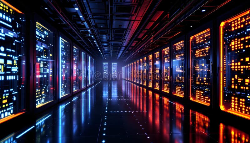 Stunning Server Room Corridor with Neon Lights Stock Illustration ...