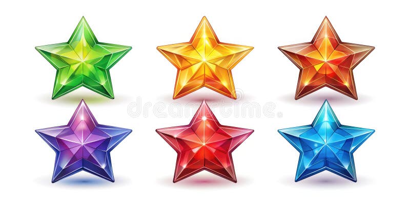 Stunning Set of 6 Abstract Low Poly Star Icons: Vibrant, Glass-Effect ...
