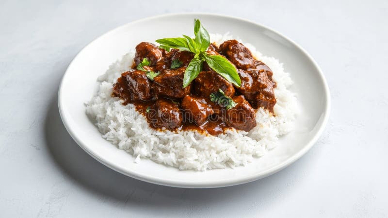 A Stunning Shot of White Plate with Plain Rice and Tender Beef Chunks ...