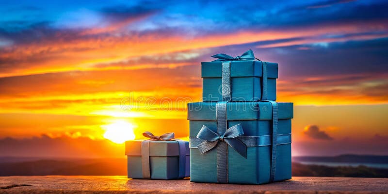 Stunning Silhouette of Stacked Blue Gift Boxes at Sunset an Elegant ...
