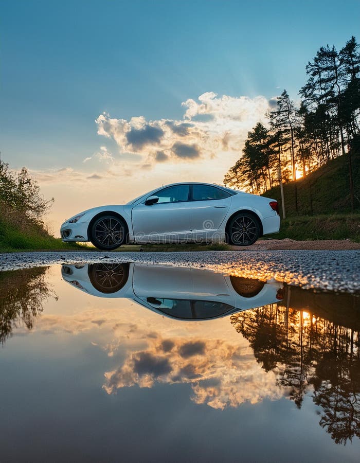 Stunning Silver Sports Car Seen at Ground Level Reflected in a Puddle ...