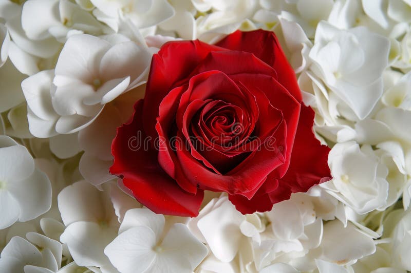 A Stunning Single Red Rose among White Hydrangeas for Romantic Events ...