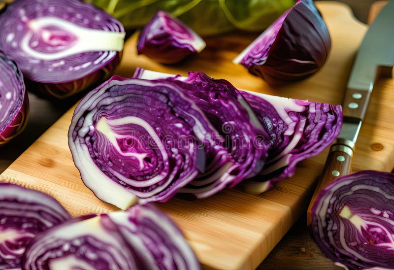 A Stunning Slice of Purple Cabbage on the Cutting Board Stock ...