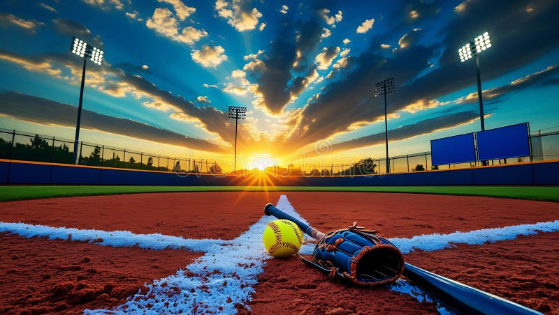 Stunning Softball Field at Sunset with Bat and Glove Stock Illustration ...