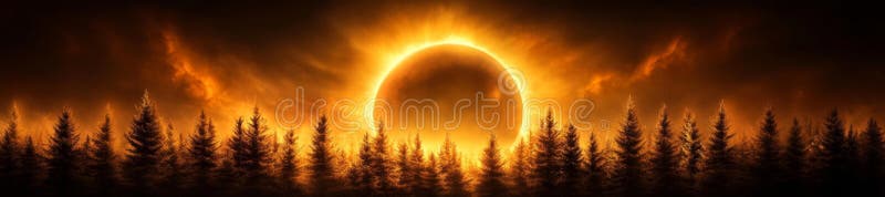 Stunning Solar Eclipse Above a Forest Landscape Capturing a Fiery Scene ...