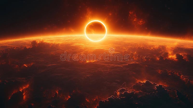 Stunning Solar Eclipse Over Earth with Fiery Horizon Stock Illustration ...