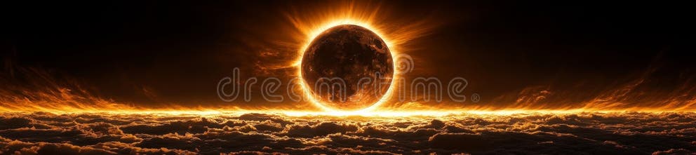 Stunning Solar Eclipse Over a Fiery Horizon with Dramatic Clouds Stock ...