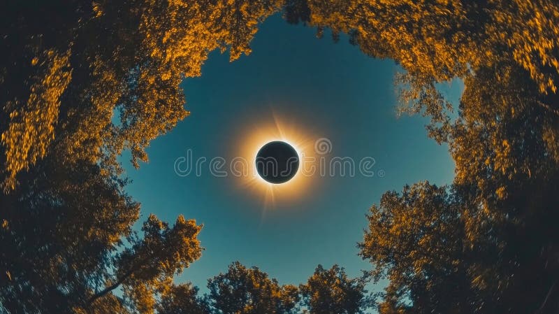 A Stunning Solar Eclipse Viewed through Towering Trees. the Dark Circle ...
