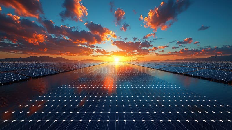 Stunning Solar Farm at Sunset, Reflecting Vibrant Colors in Sky Stock ...