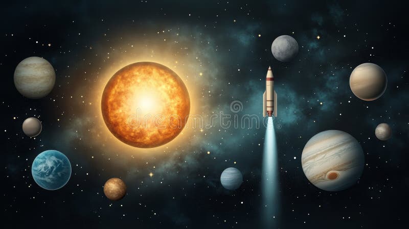 A Stunning Space Scene Featuring a Rocket Navigating a Vibrant Solar ...