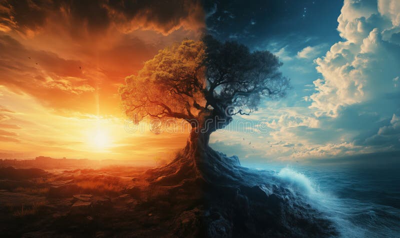 Stunning Split Landscape Featuring Tree at Sunset and Ocean Under ...