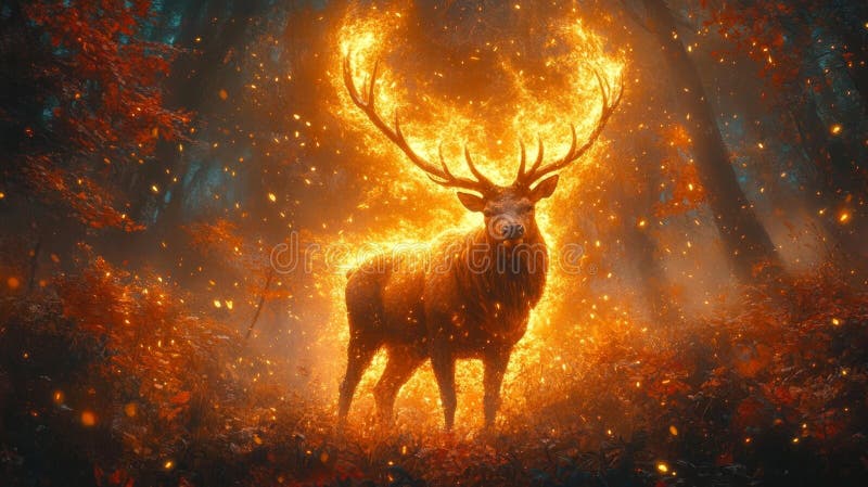 Stunning Stag Surrounded by Fiery Glow in Forest. Generative AI Stock ...