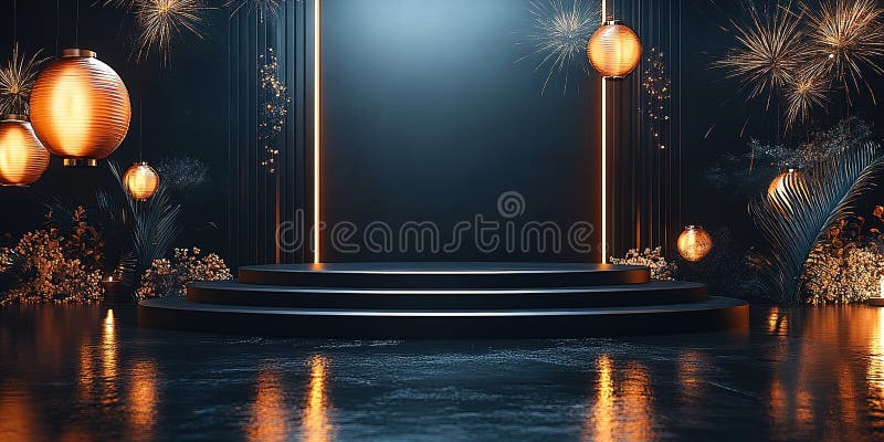 Stunning Stage Setup with Glowing Lanterns and Vibrant Fireworks for an ...