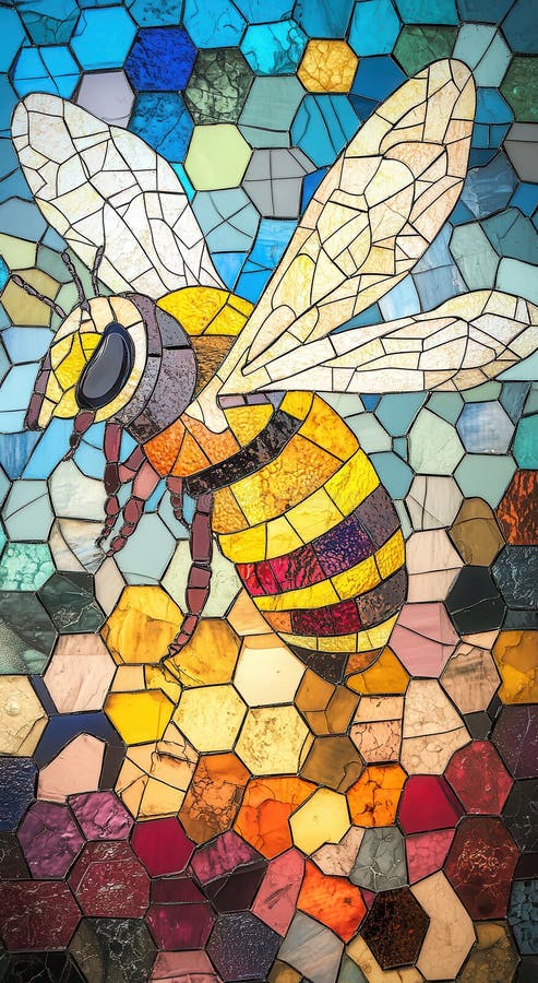Stained Glass Bee in Hexagonal Pattern, Vibrant Colors Stock Image ...