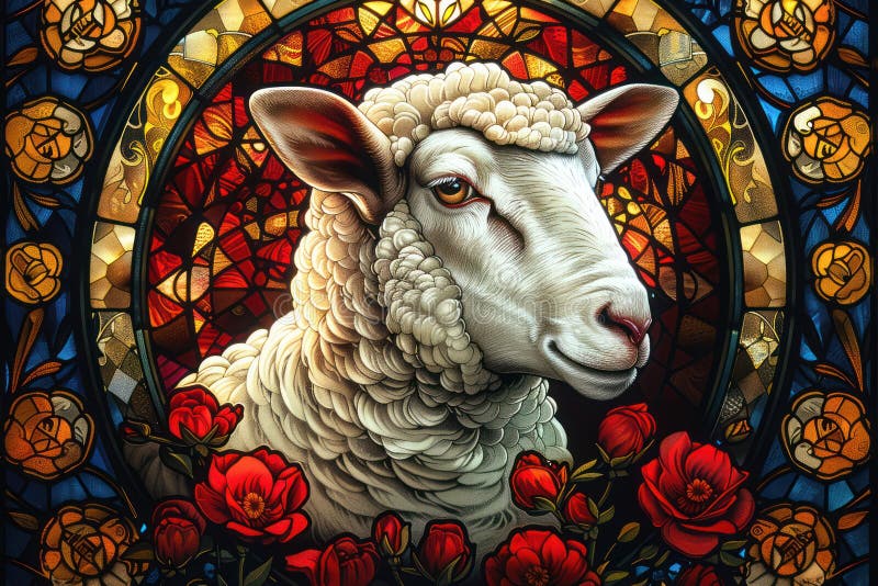 Stained Glass Lamb of God with Sheep and Flowers on Dark Background ...