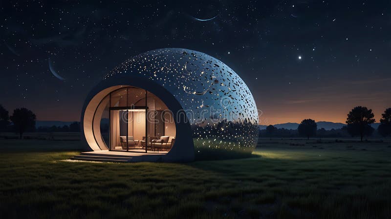 Stunning Starry Night Over a Modern, Spherical Home Stock Illustration ...