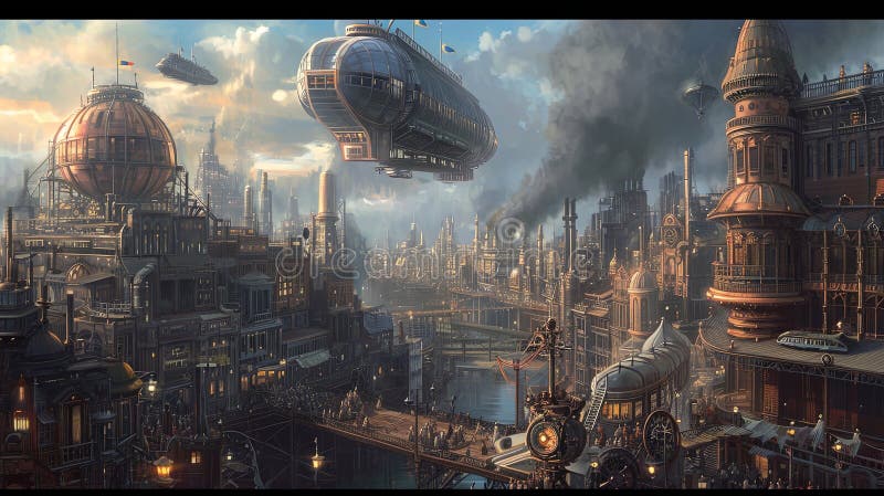 A Stunning Steampunk Cityscape Stock Illustration - Illustration of ...