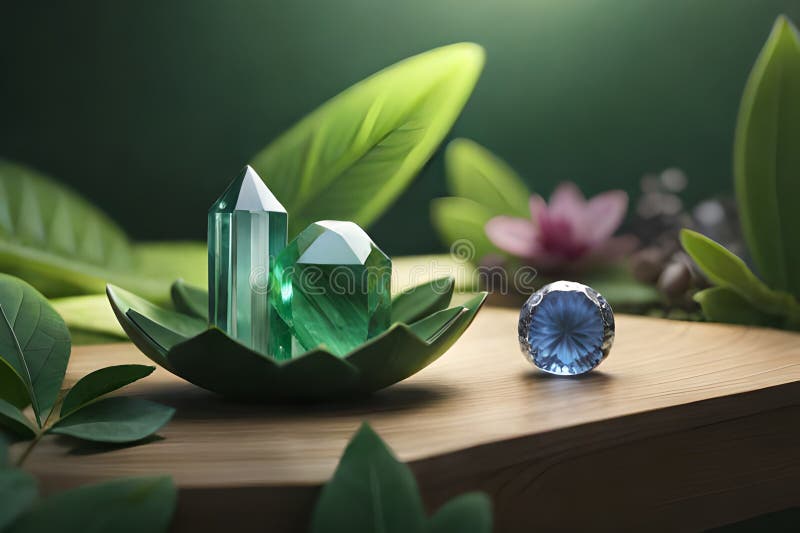 A Tranquil Scene: Healing Crystals Resting on Verdant Foliage with ...